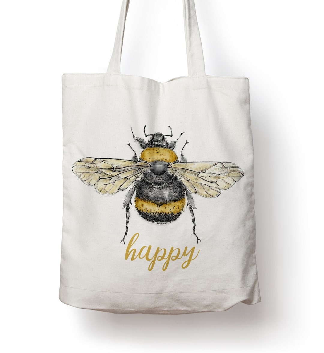Bee Happy Tote Bag Bumble Bee Illustration Shopping Bag Gym Bag PE Bag ...