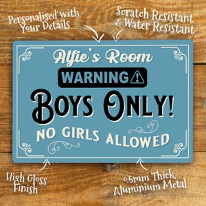 Personalised Boys Only Bedroom Blue Metal Sign Bed Room Door Son Name ...