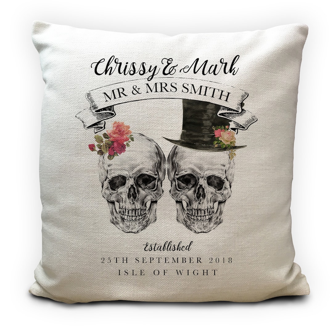 Personalised Wedding Skulls Cushion Cover Gift - Mr and Mrs Gothic ...