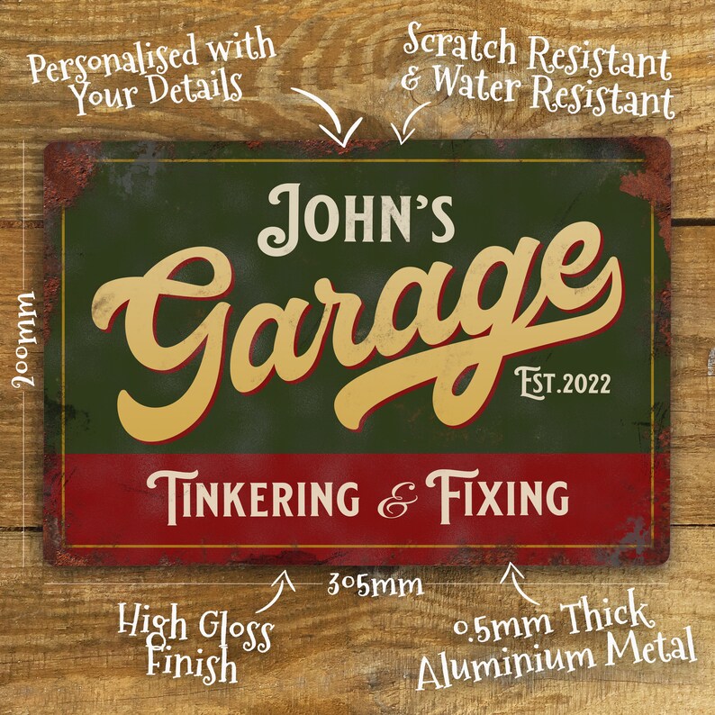 Personalised Garage Metal Sign Accessory Wall Door Plaque, Vintage ...