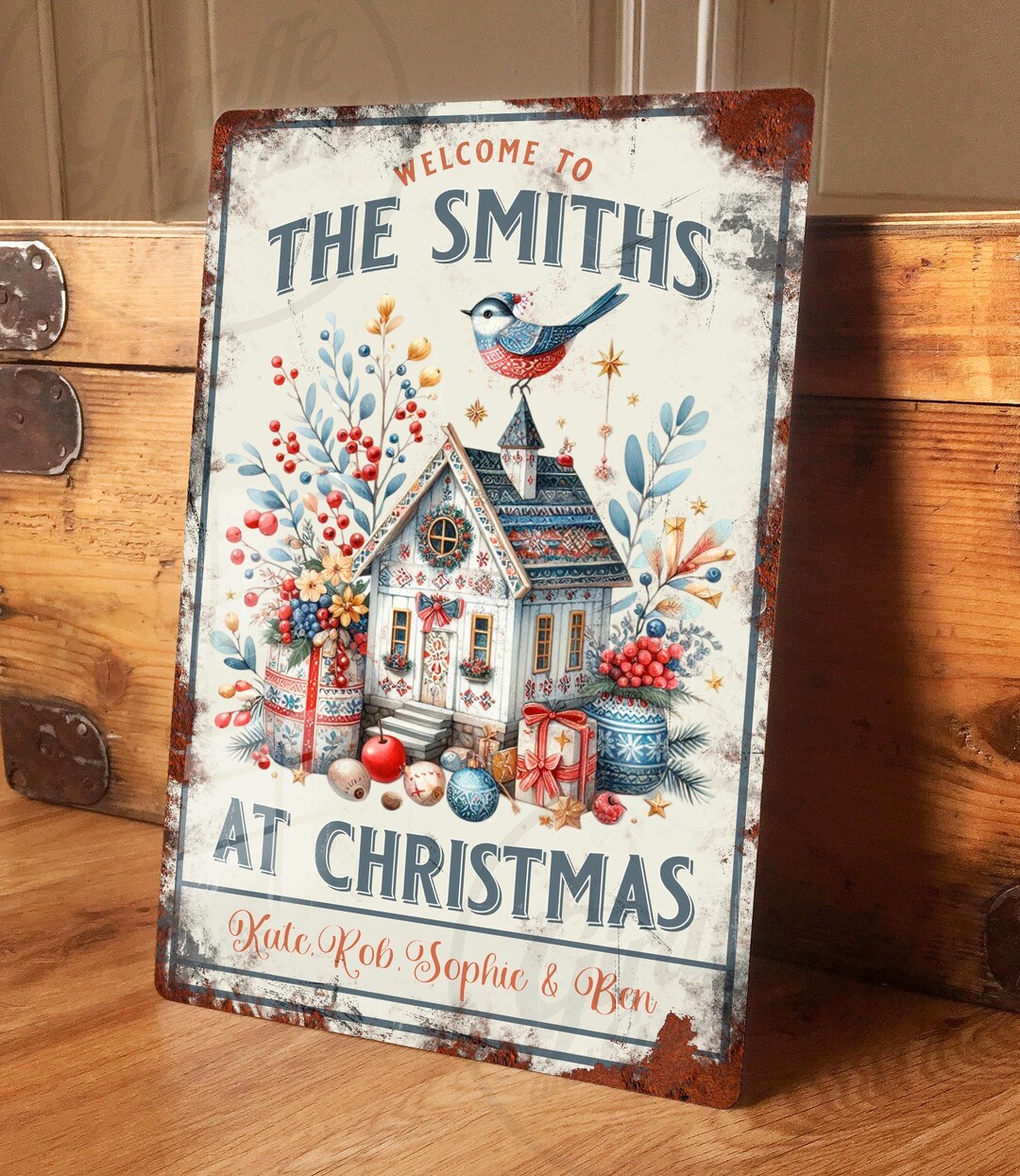 Personalised Christmas Sign Scandinavian Metal Wall Door Decor Folk Art ...