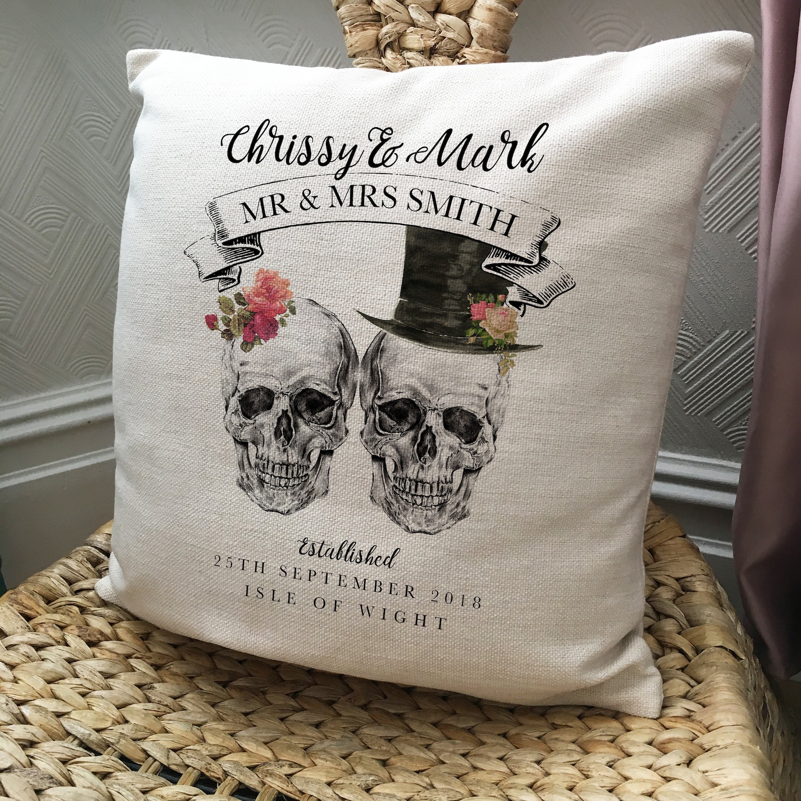 Personalised Wedding Skulls Cushion Cover Gift - Mr and Mrs Gothic ...