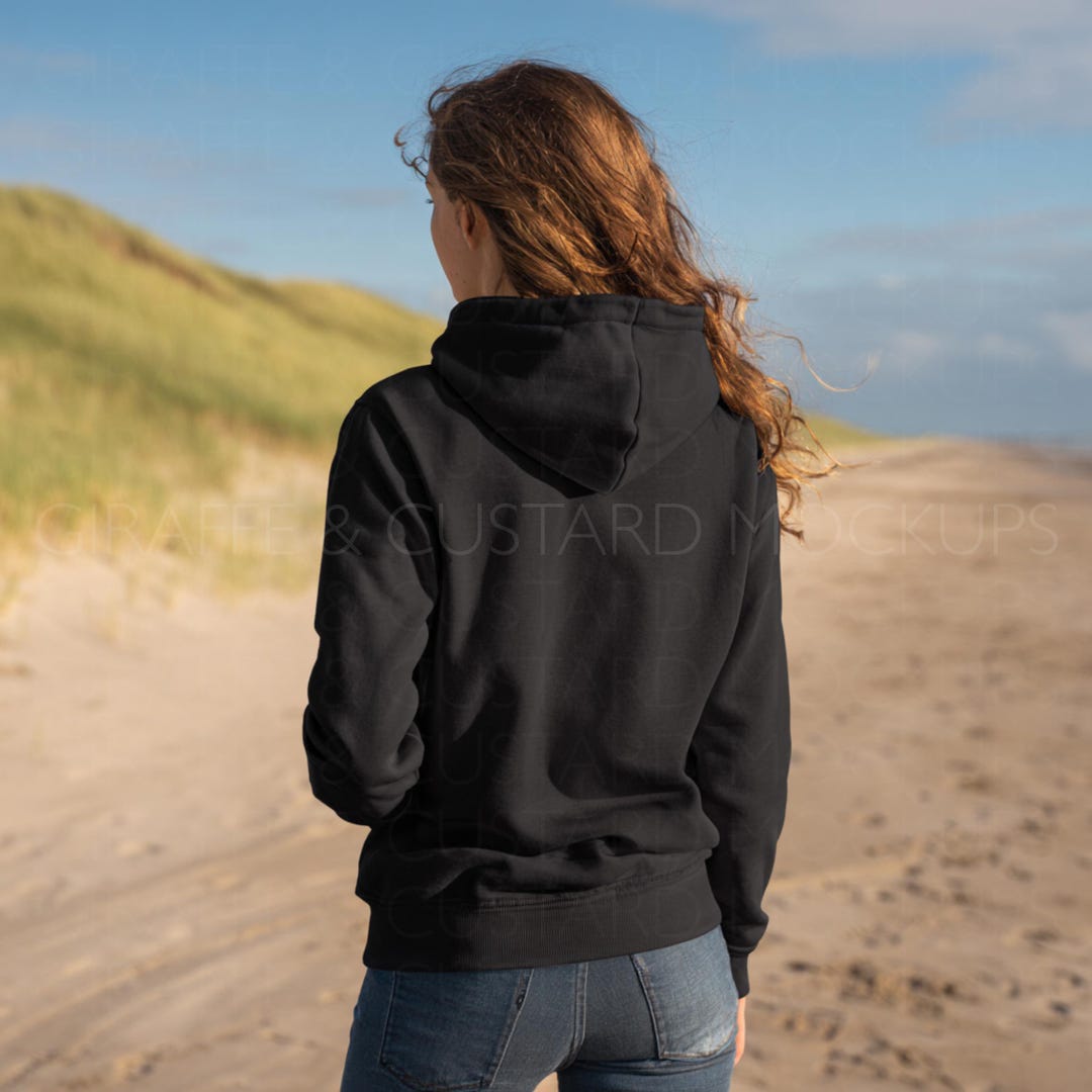 Black Hoodie Mockup: Woman on Beach, Back View (digital Download JPEG ...