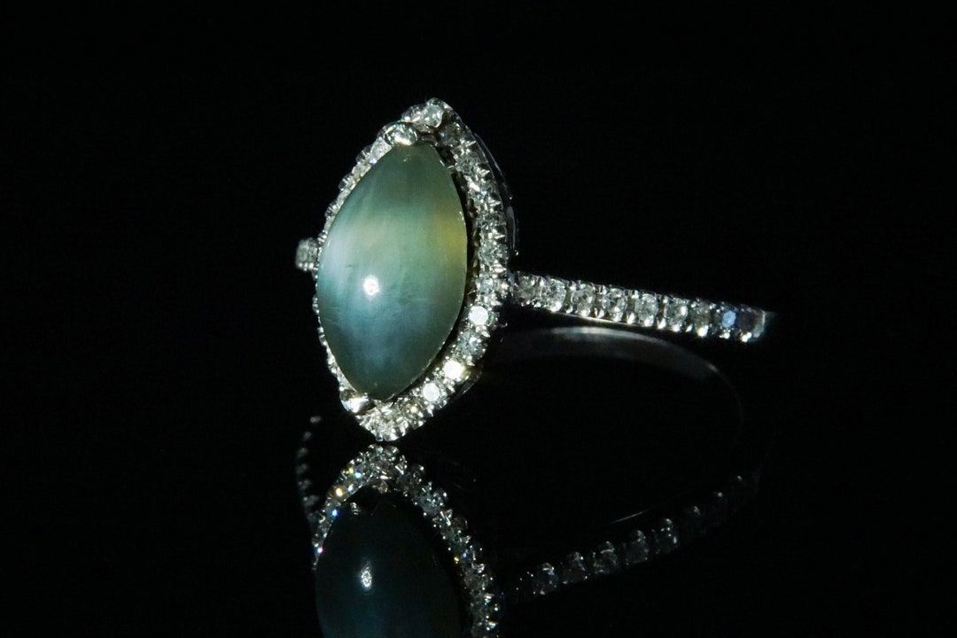 Blue Cat's Eye Jade 10K White Gold Ring | Rare Natural Stone ...
