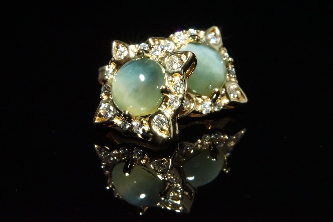 Blue Cat's Eye Jade 14K Gold Earrings | Rare Natural Stone | Chatoyant ...