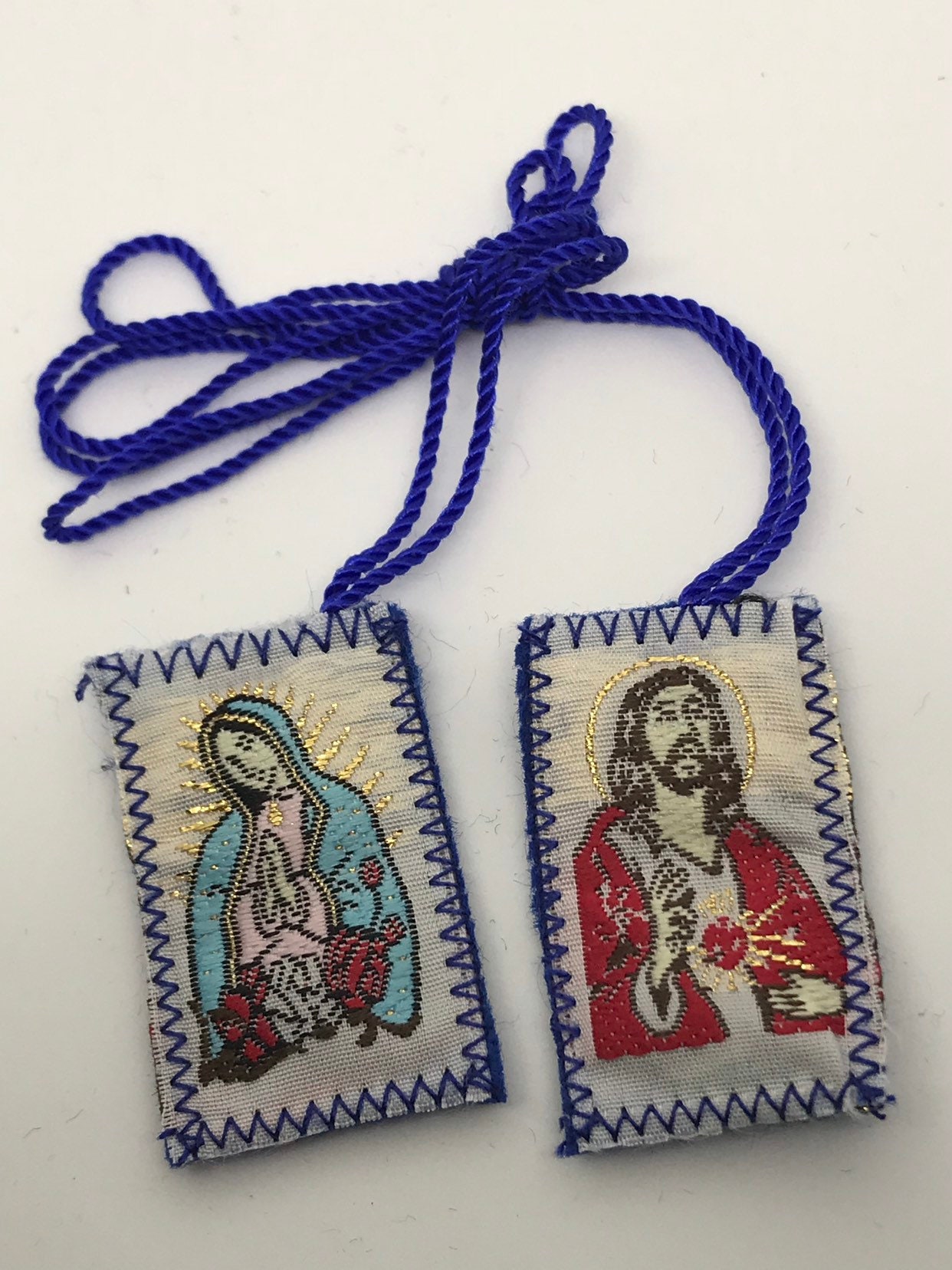 White and Blue Virgin of Guadalupe and Sacred Heart Jesus Scapular ...