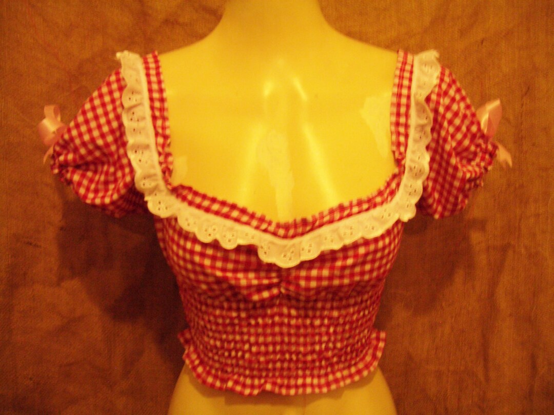 Cute,red Gingham Check,cropped,elasticated Gypsy Top With Pink Bows ...