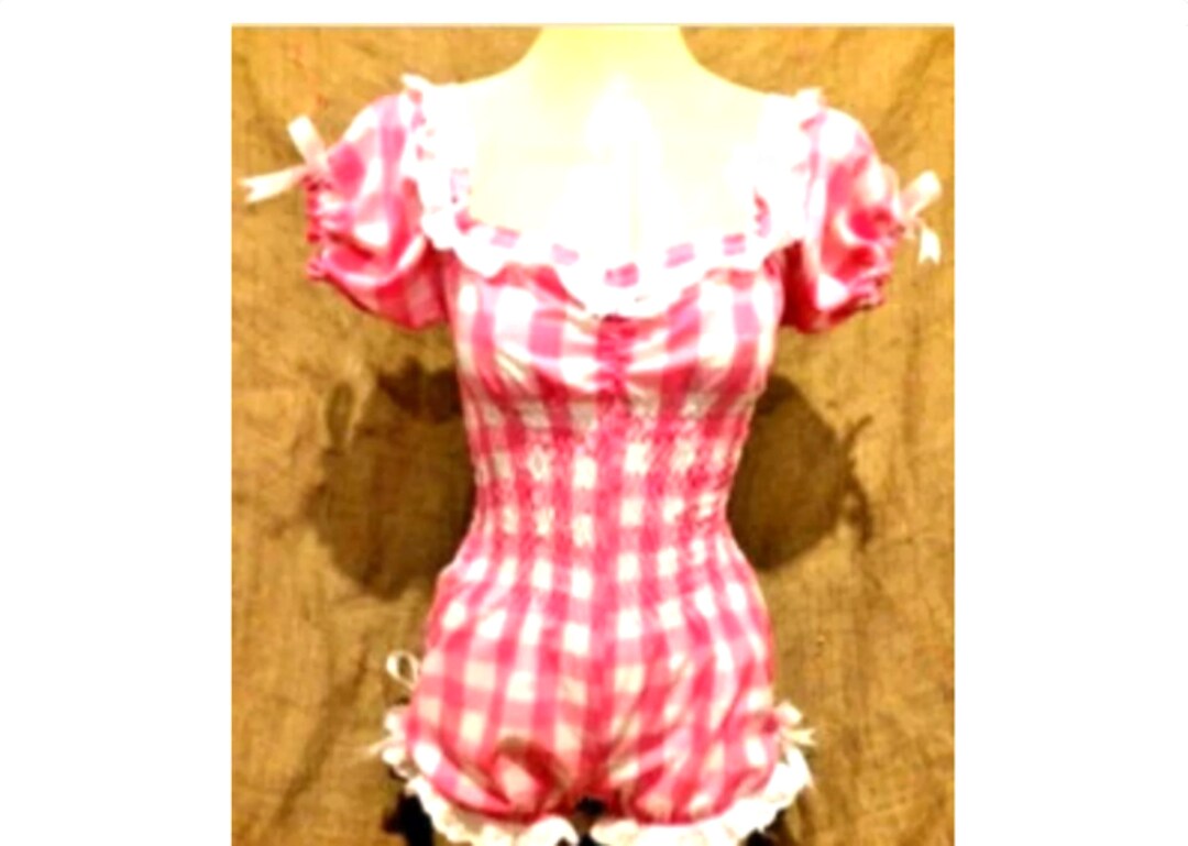 Cute PINK Gingham Check Gypsy Top Sleeve Romper Playsuit! Bows Cherries ...