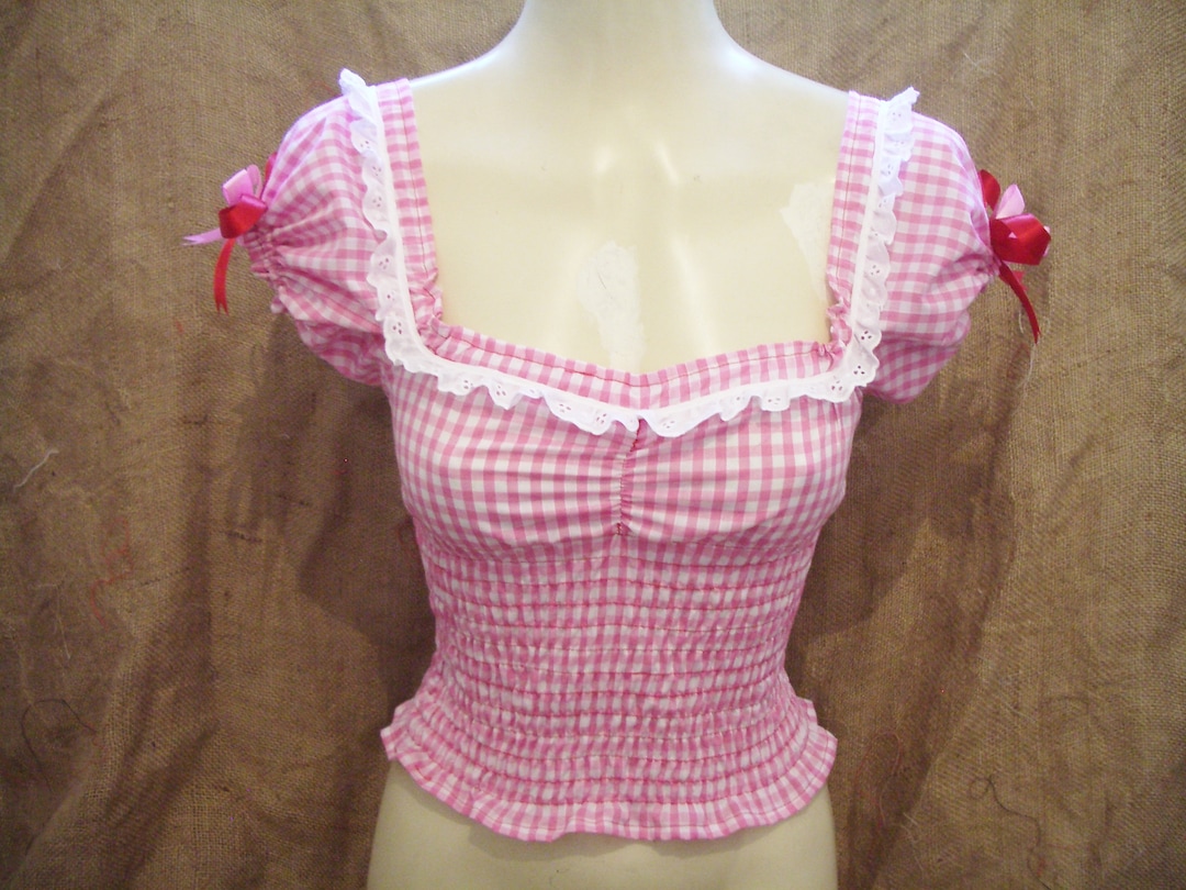 Cute Pink Gingham Check Gypsy Top With Red Bows Cherries! Rockabilly ...