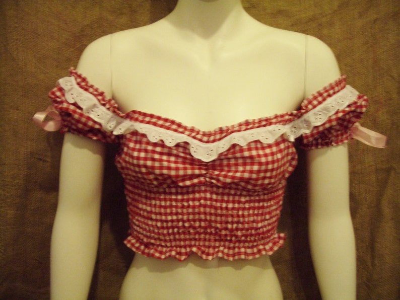 Cute,red Gingham Check,cropped,elasticated Gypsy Top of Shoulder ...