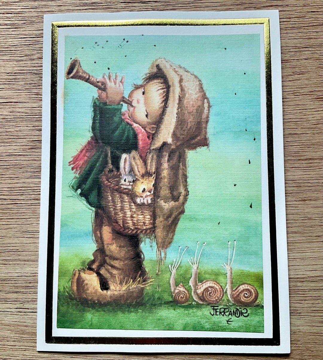 Vintage Anri J. Ferrandiz Greeting Card, Boy, Bunnies & Snails, Art ...