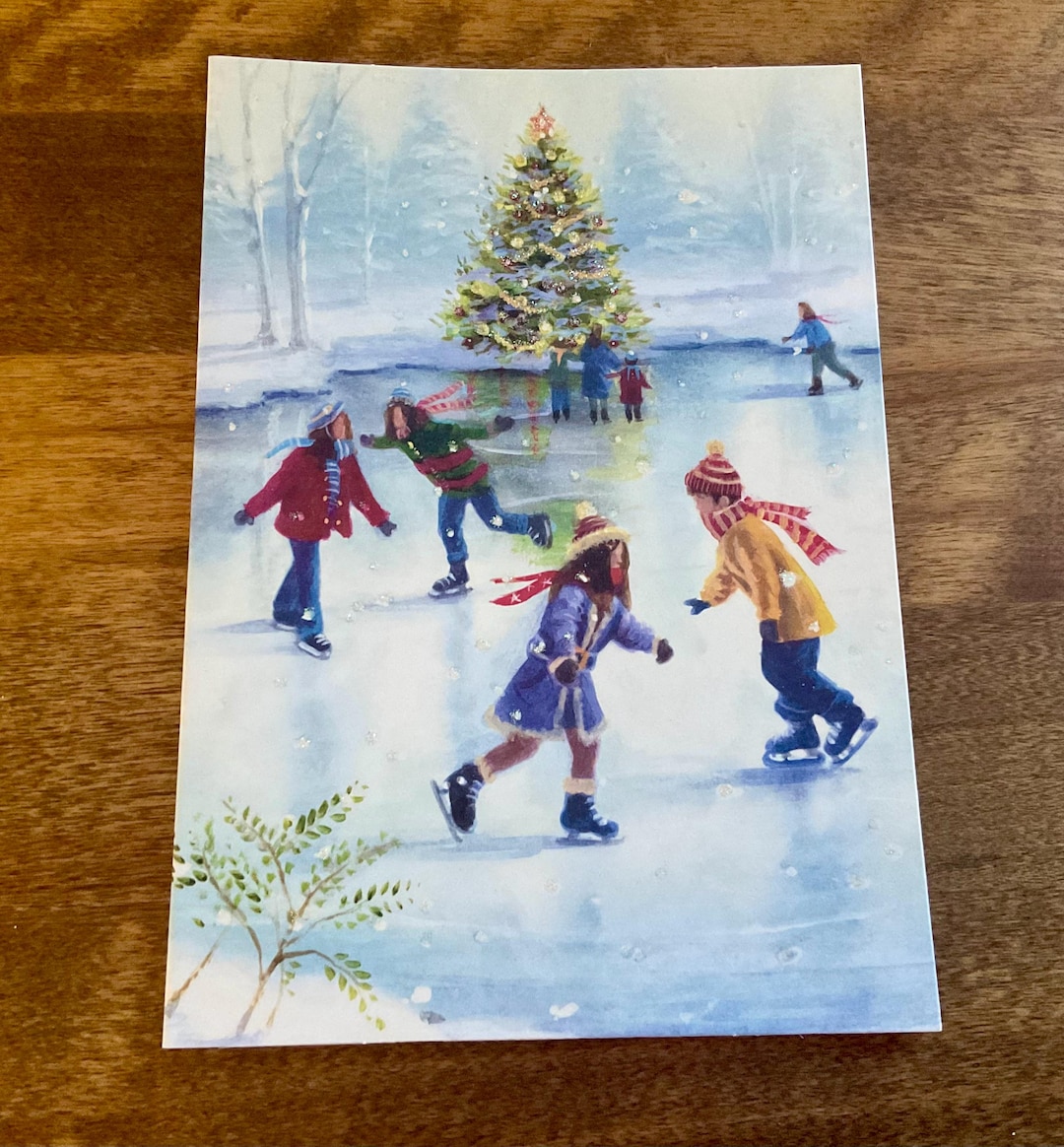 Vintage unused Christmas Greeting Card, Kids Ice Skating, Sparkling ...