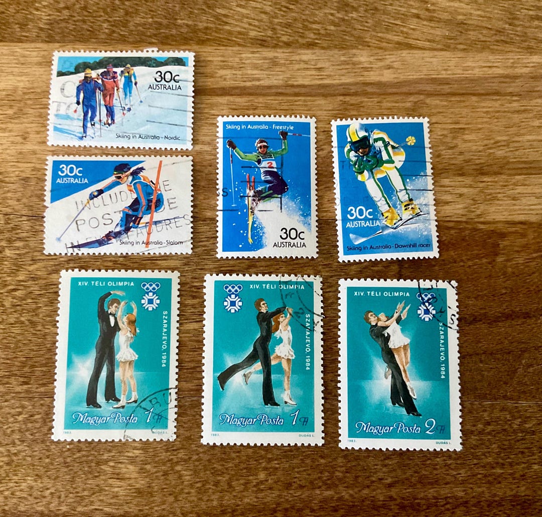Vintage Posted Stamps, Ice Dancers & Skiing, Australia and Hungary ( 7 ...