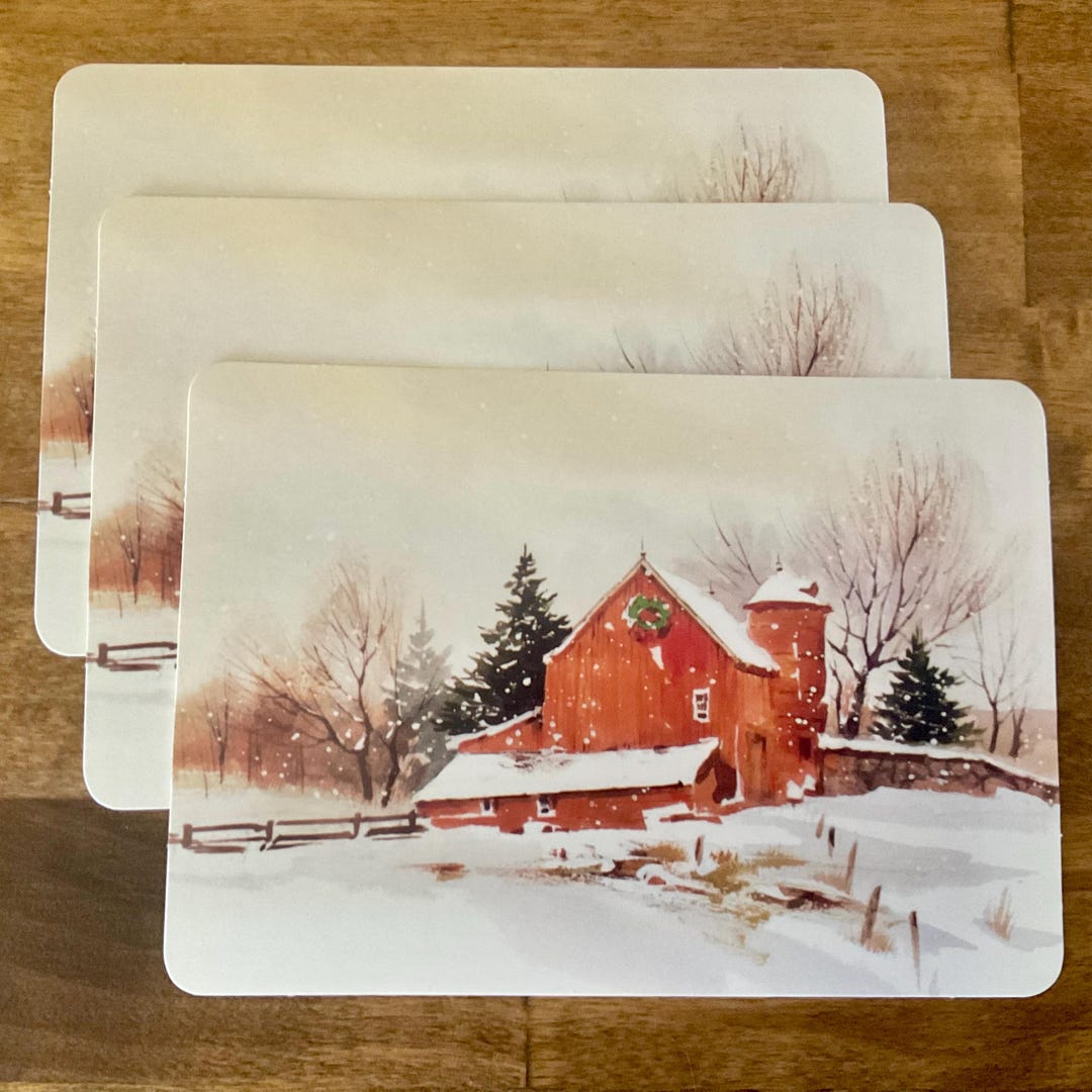 Vintage Christmas Themed Postcards, Snowy Farm & Red Barn, by Carlton ...