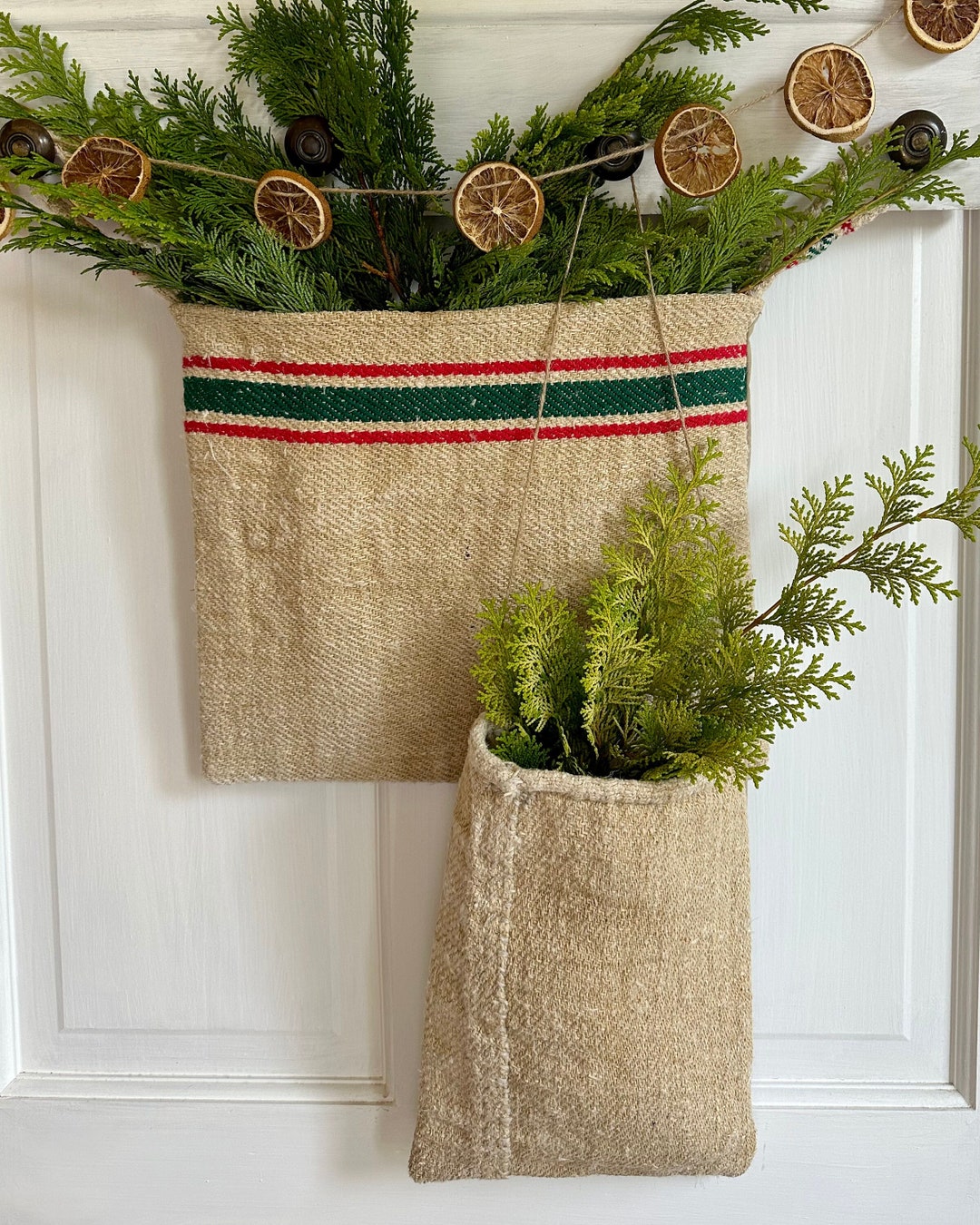 Primitive Grainsack Wall Pocket, Antique Grain Sack Peg Rail Hanger Bag ...