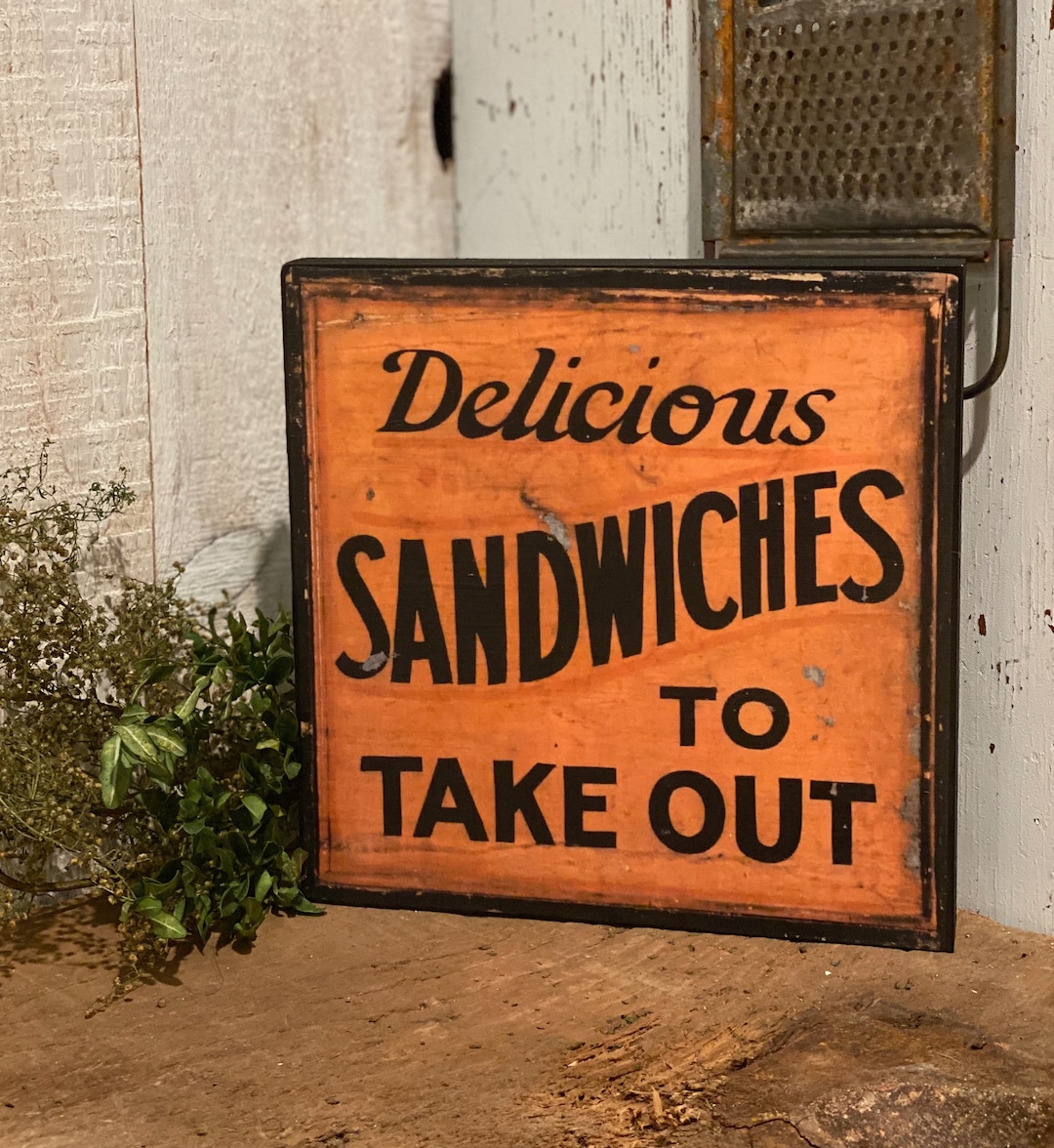 Retro Wood Sandwich Take Out Sign, Kitchen Wall Art, Decoupaged ...
