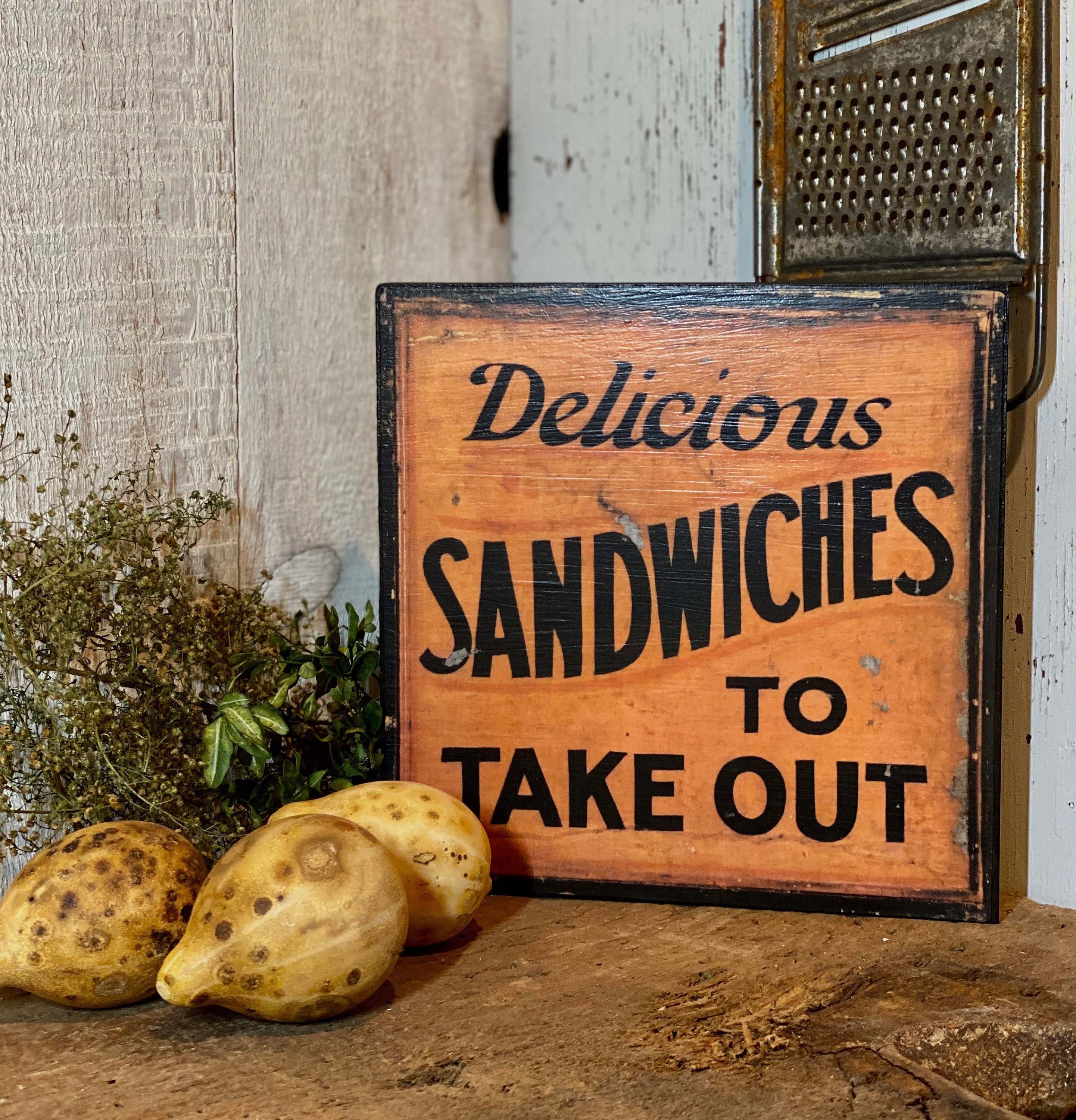 Retro Wood Sandwich Take Out Sign, Kitchen Wall Art, Decoupaged ...