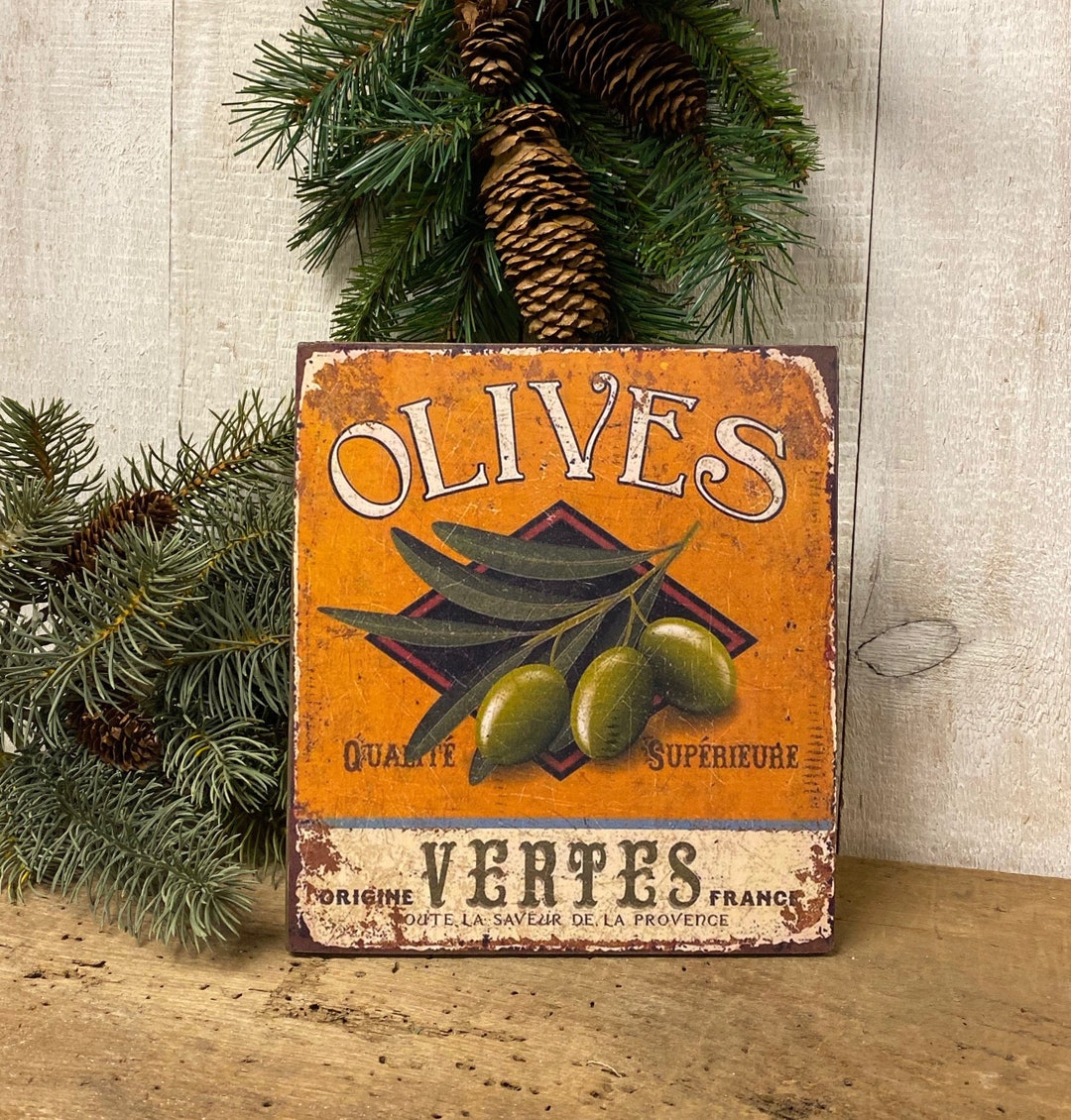 Vintage Style Olive Sign, French Kitchen Decor, Decoupaged Distressed ...