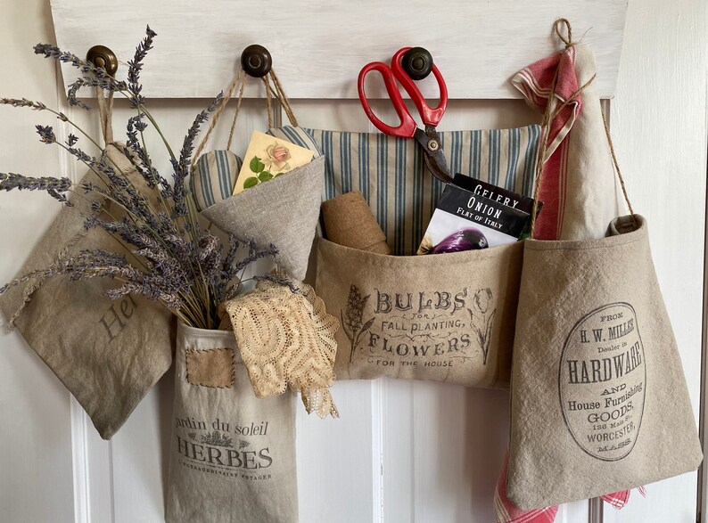 Primitive Grainsack French Herb Wall Pocket, Grain Sack Peg Rail Hanger ...