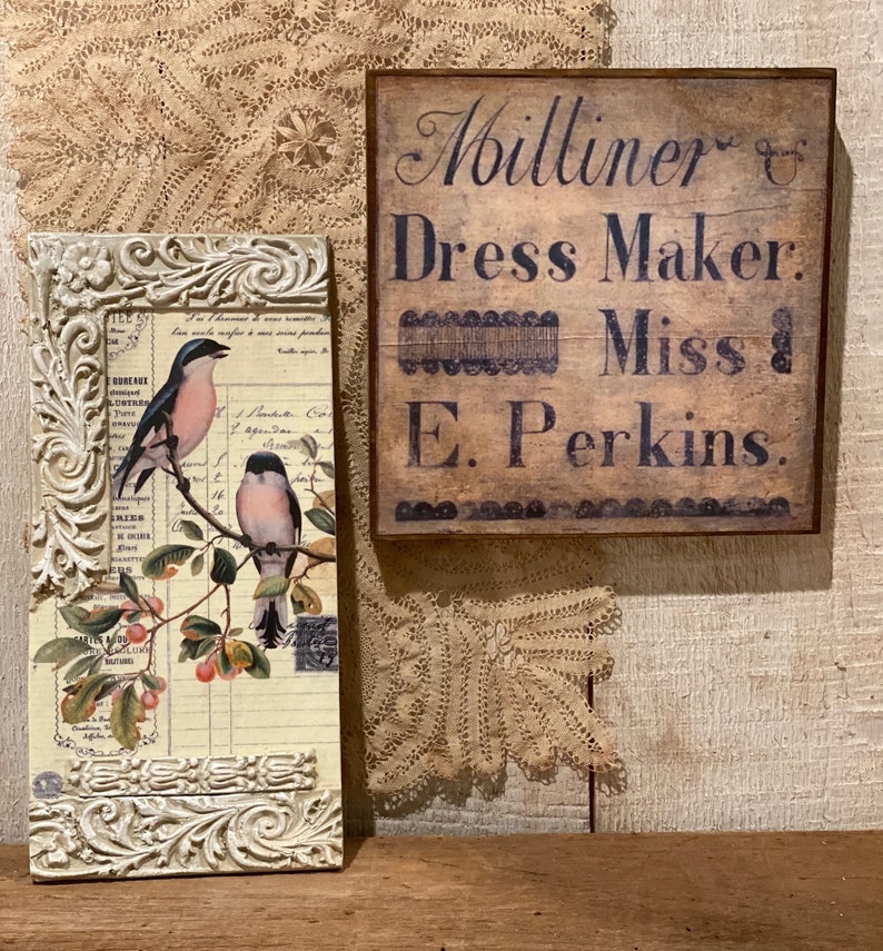 Milliner and Dress Maker Sign on Reclaimed Barn Wood, Decoupage ...