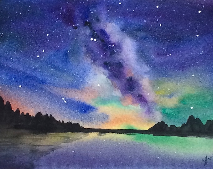 ORIGINAL Watercolor Landscape Painting 5x7, Milky Way, Galaxy Art ...