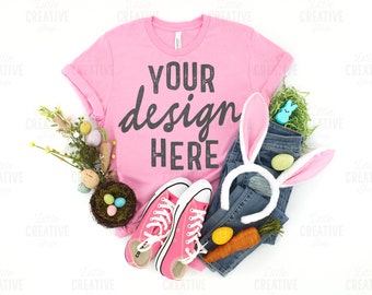 MOCKUP Bella Canvas Heather Bubble Gum Pink 3001 T-shirt | Etsy