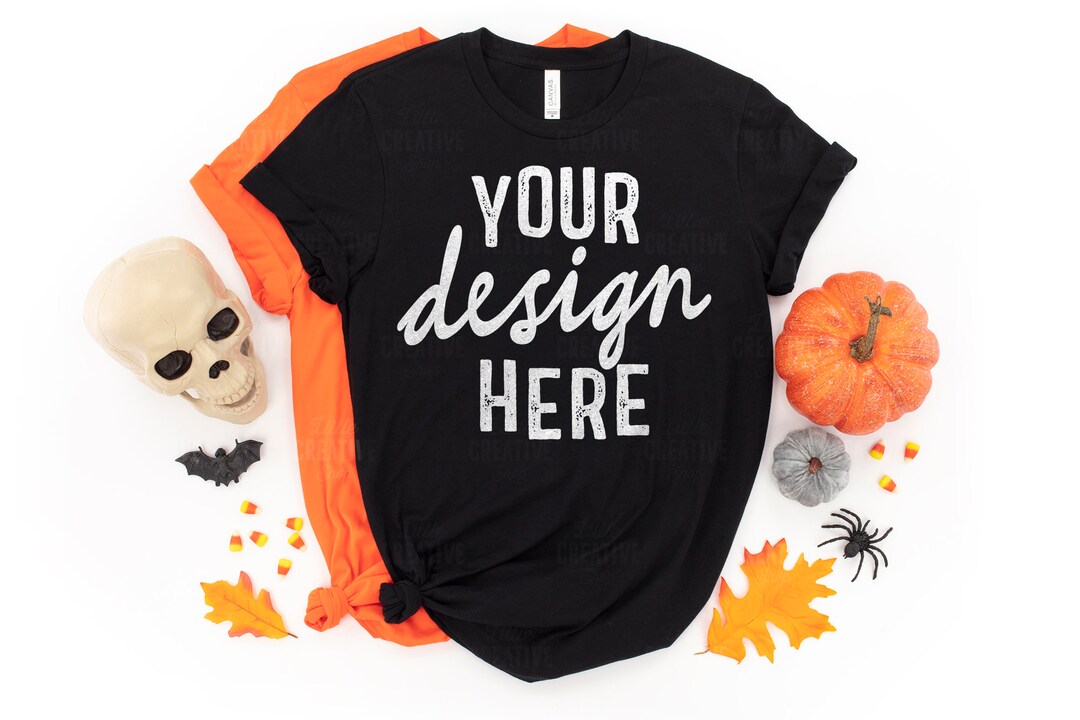 MOCKUP - Black / Orange 3001 Bella & Canvas Halloween Tshirt Knotted ...