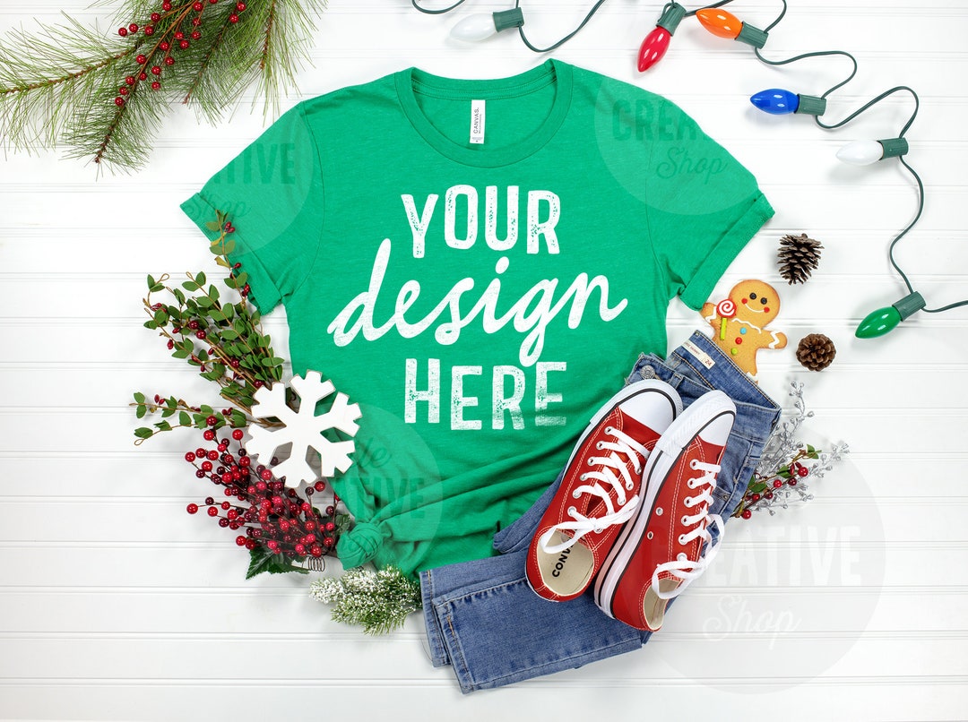 MOCKUP - Bella Canvas 3001 Heather Kelly Green Shirt Christmas Lights ...
