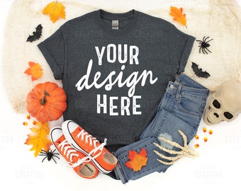MOCKUP Black Gildan 5000 G500 Shirt Halloween Scene Spider Candy Corn ...
