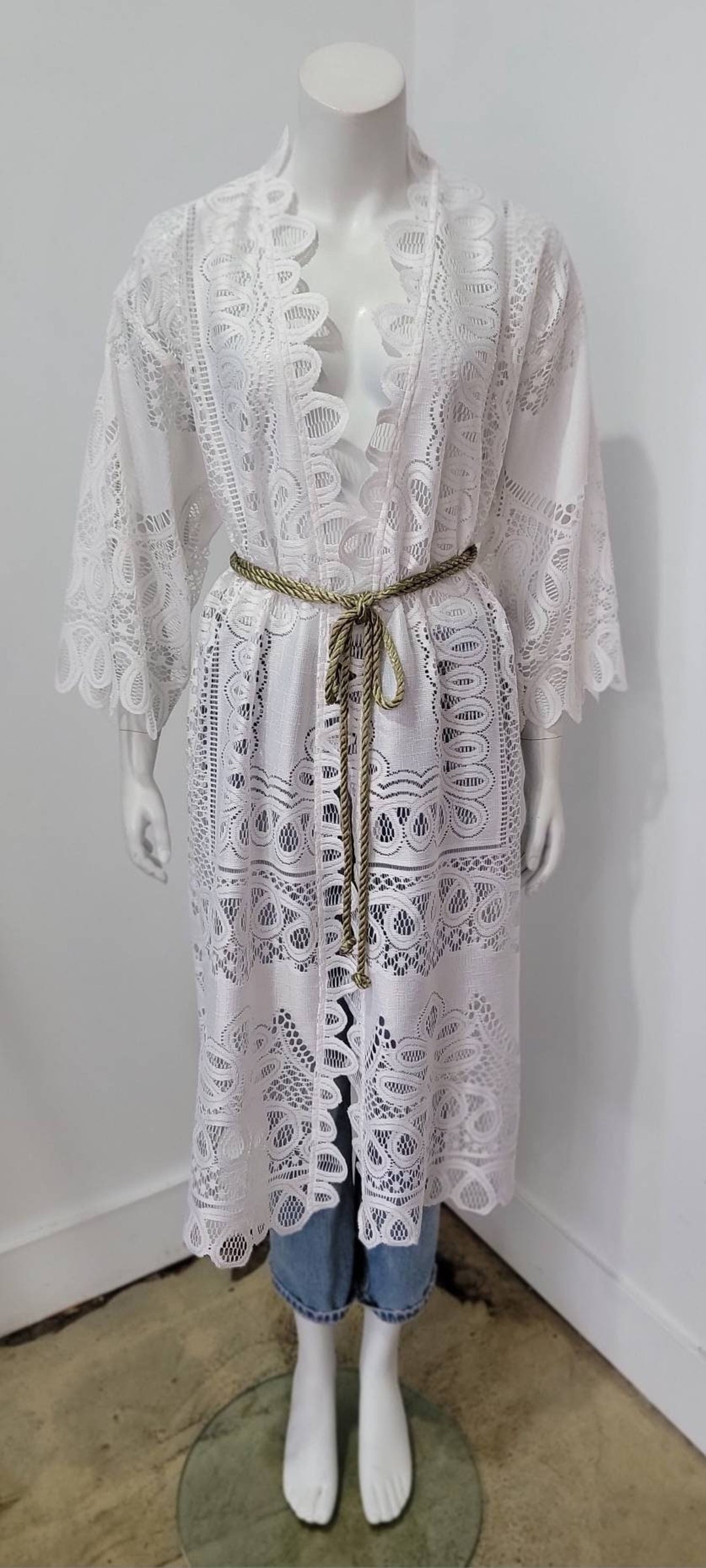 Vintage Upcycled 90's Battenburg Scallop Lace Boho Festival Duster Rope ...