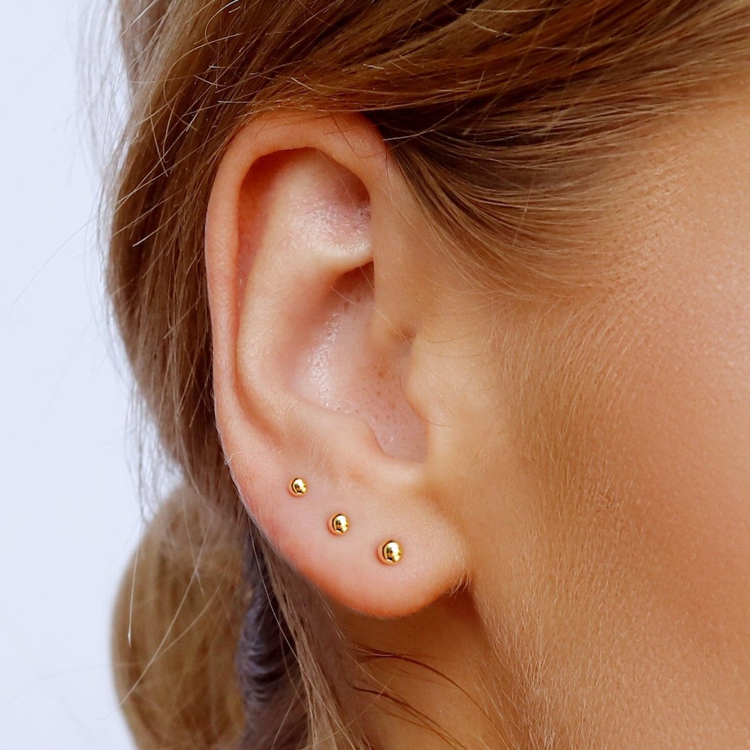 9K Real Solid Gold Ball Stud Earrings, Mini Studs, Delicate Tiny 22g / 0.6mm Screw Push in Gold ...