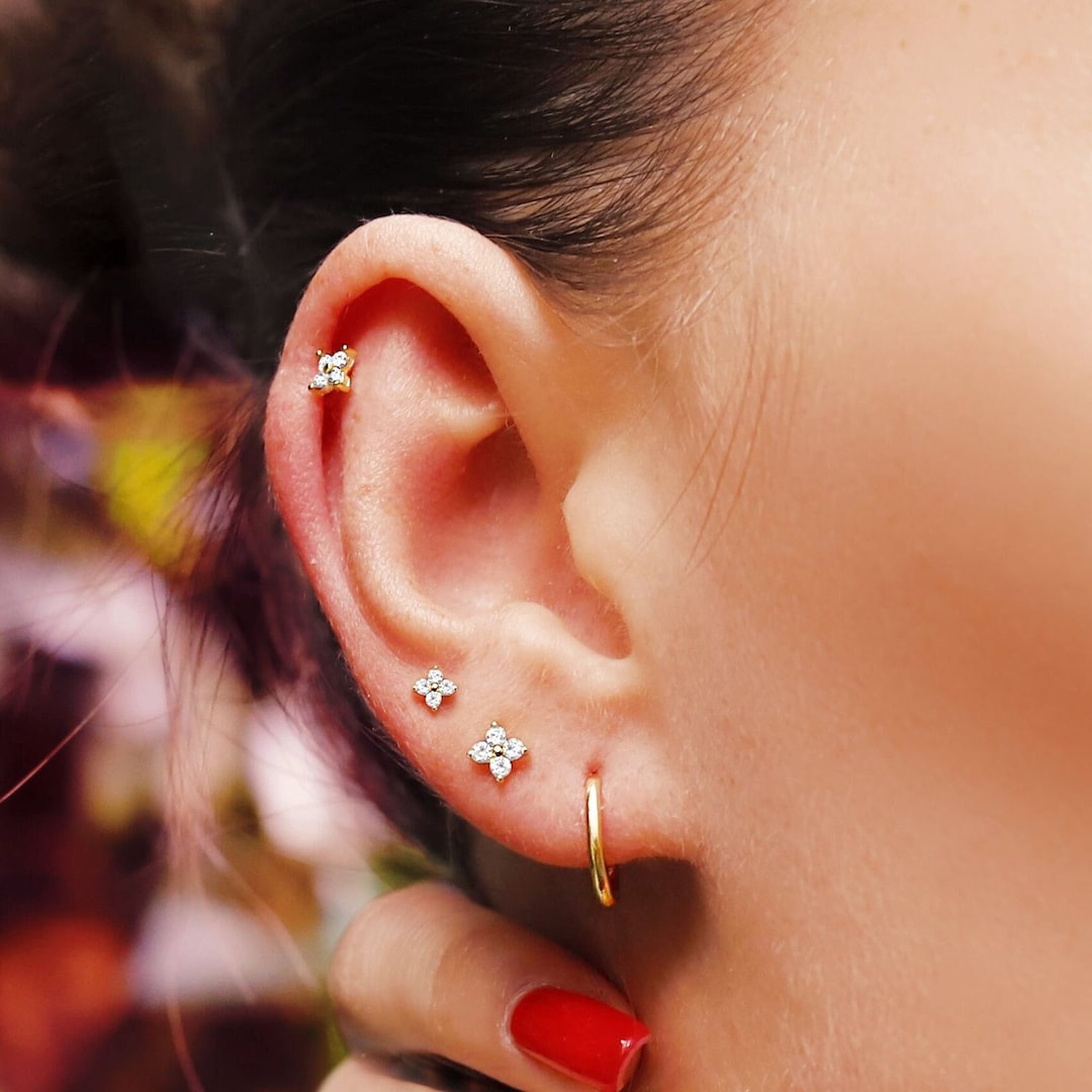 Small Tiny Dot Stud Earrings in Sterling Silver With Sparkly CZ Crystals, Simple Flower Stud and ...