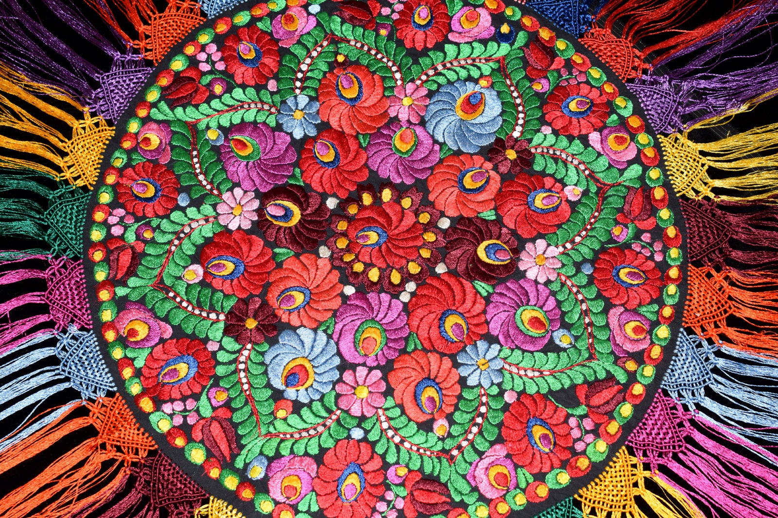Rustic Vintage Hungarian Silk Matyo Floral Embroidered Round Tablecloth ...