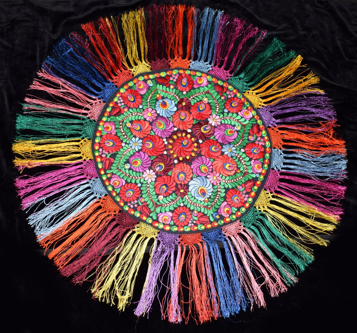 Rustic Vintage Hungarian Silk Matyo Floral Embroidered Round Tablecloth ...
