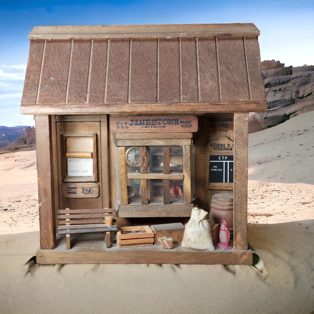 Vintage Wooden Diorama Shadow Box Miniatures Old West Train Station ...
