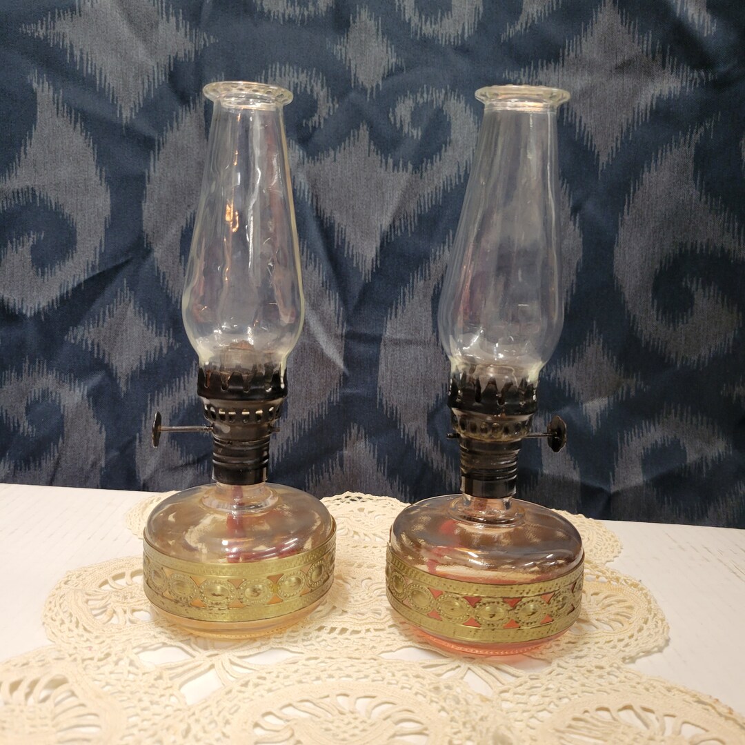 Vintage Oil Lamp With Pierced Metal Band Clear Glass Small Mini ...