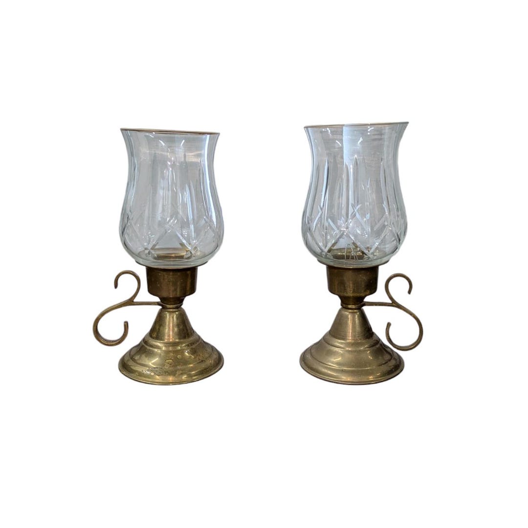 2 Brass Candlestick Holder Colonial Style Crystal Vintage Hurricane Oil ...