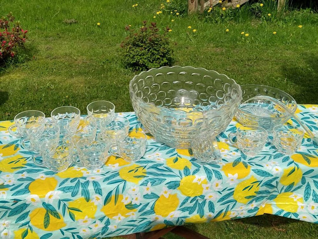 Vintage Punch Bowl Set Clear Glass Mid Century Ladle Cups Wedding Party ...