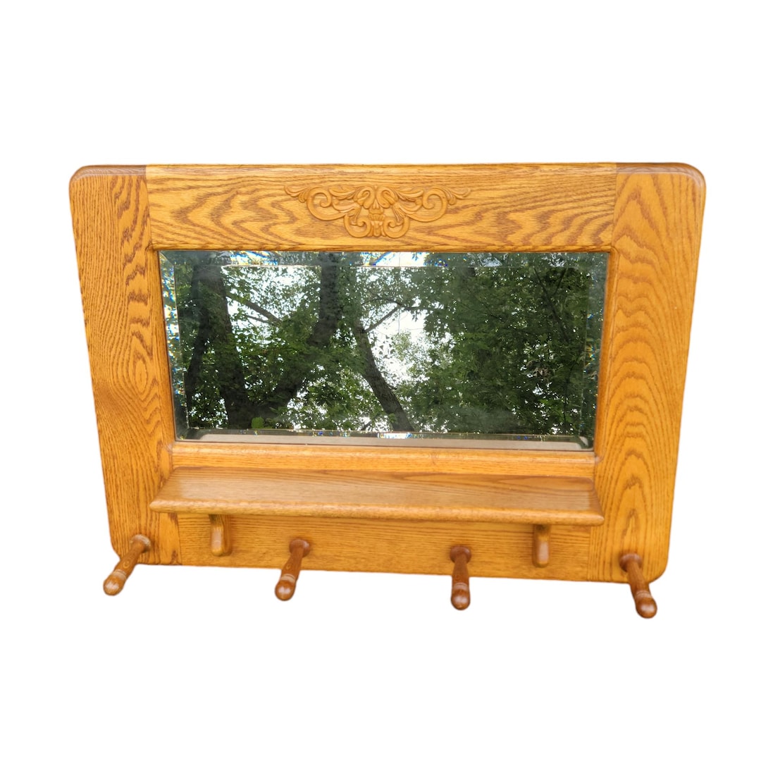 Antique Oak Shelf Mirror Coat Rack Vintage Wooden Wall Mount Hanging ...