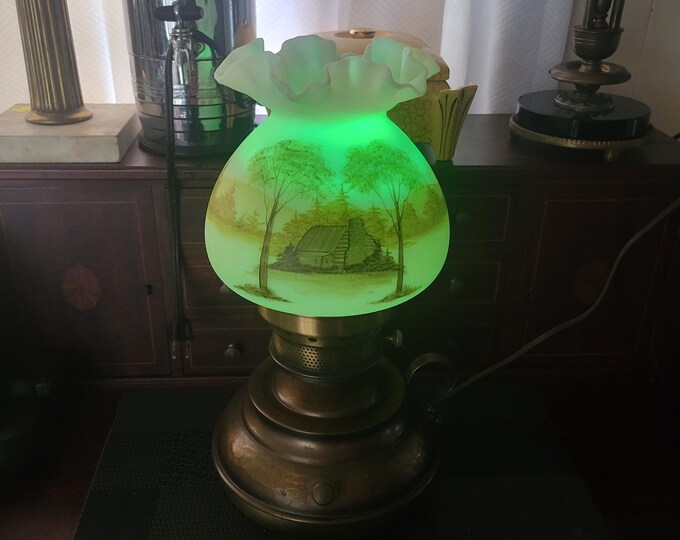 Uranium Glass Brass Lamp Log Cabin Woods Shade Fenton Chamber Candle ...
