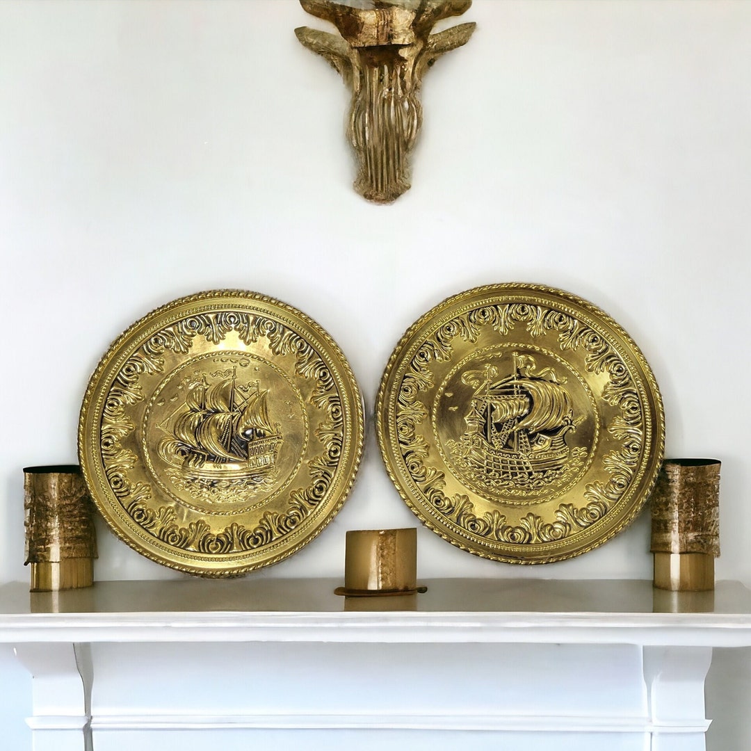 Vintage Brass Ship Wall Hanging Plates Nautical Themed Mid Century ...