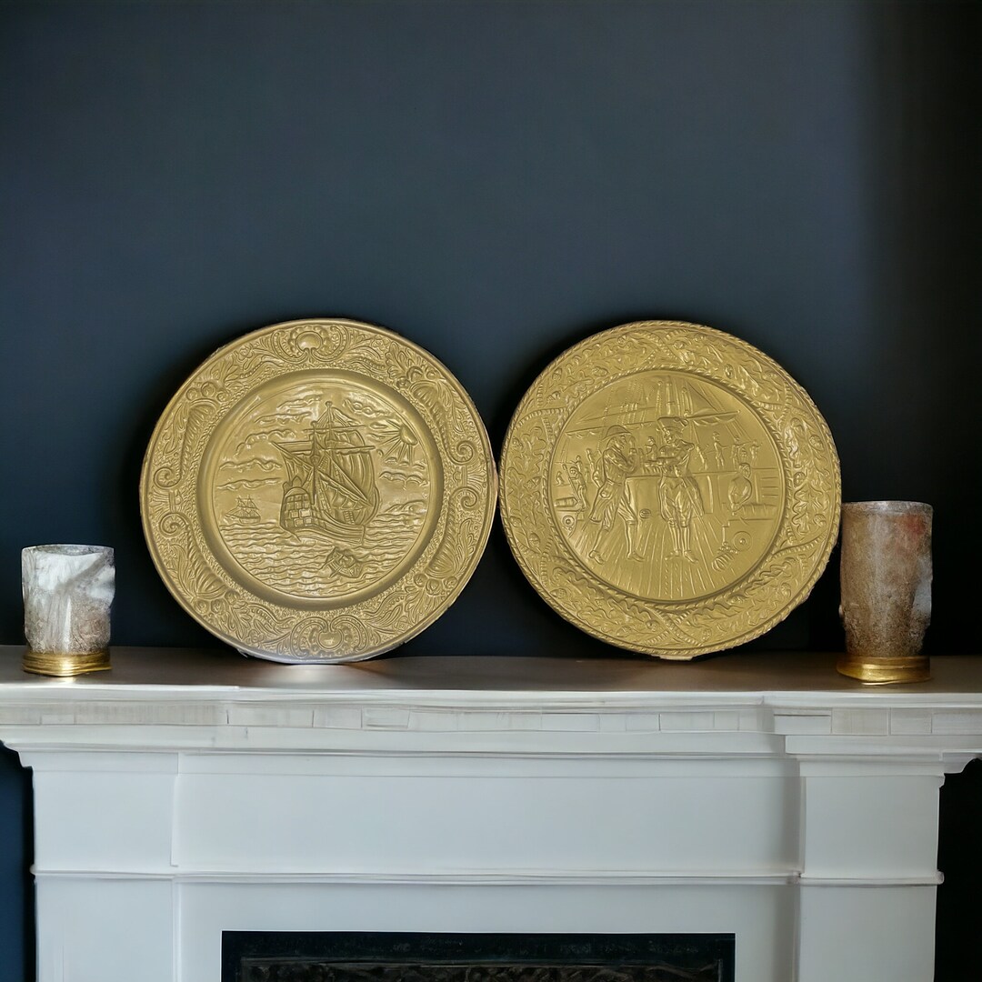 Vintage Brass Ship Wall Hanging Plates Nautical Themed Mid Century ...