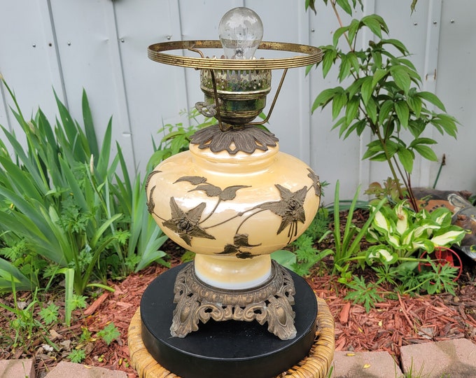 Vintage Hurricane Lamp Base Raised Gold Relief Leaves Electric Oil ...