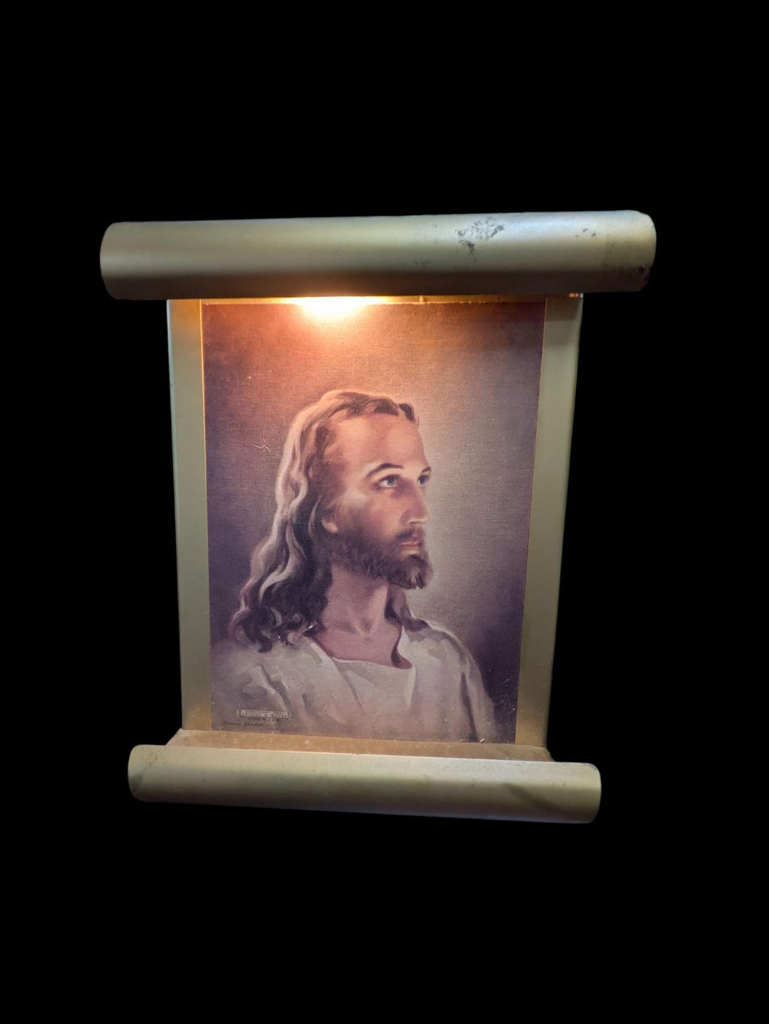 Vintage Jesus Light up Picture 60's Memorial Gold Metal Art Religious ...