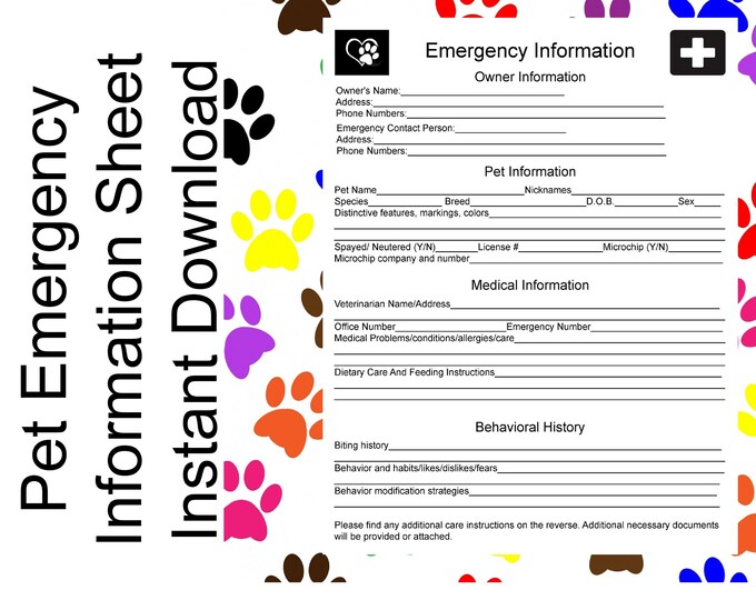 Pet Emergency Information Sheet Printable Contact List Pet Sitter ...