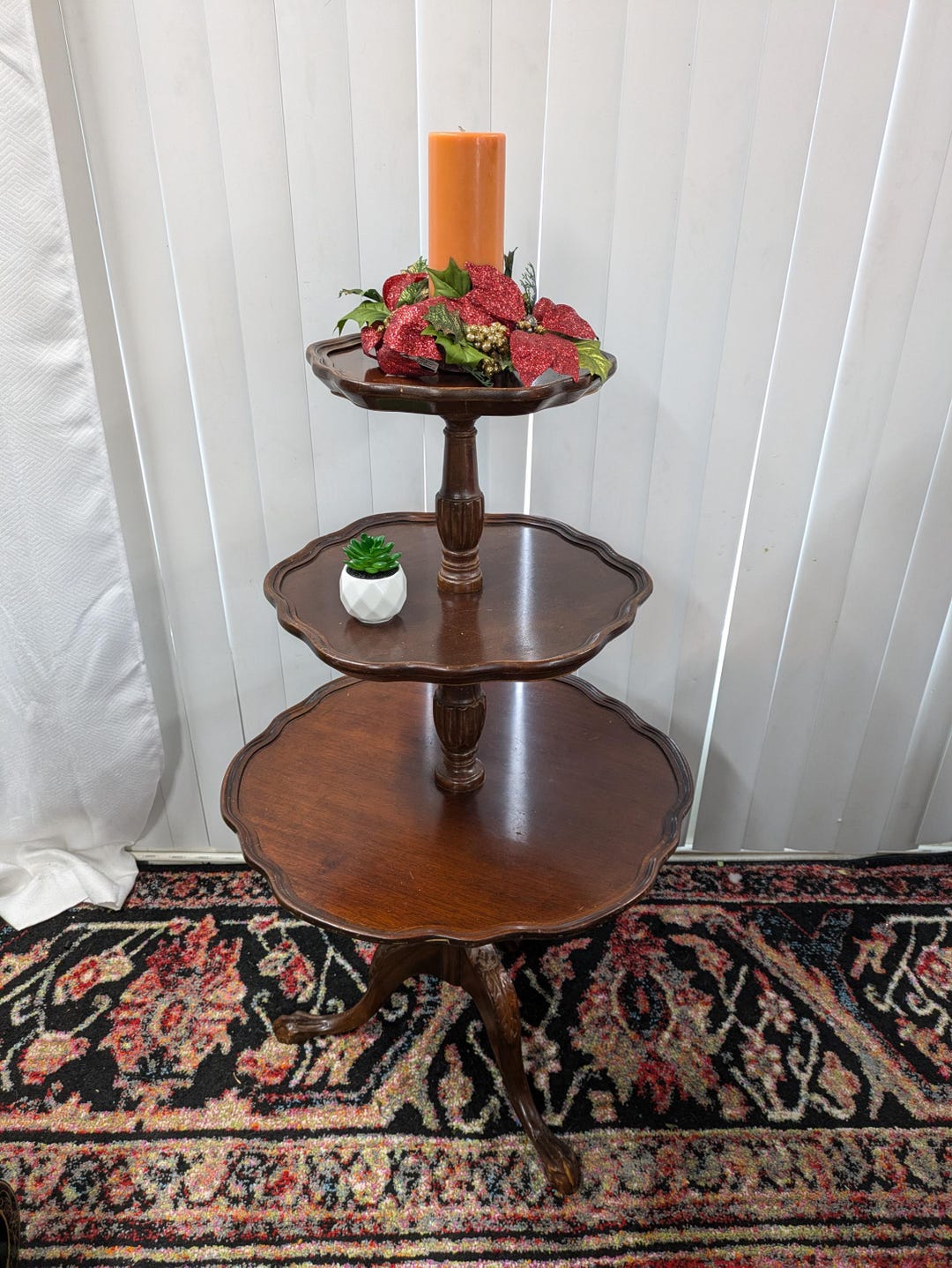 Mid Century Plant Stand Pie Crust Mahogany Table Three Tier Pedestal ...