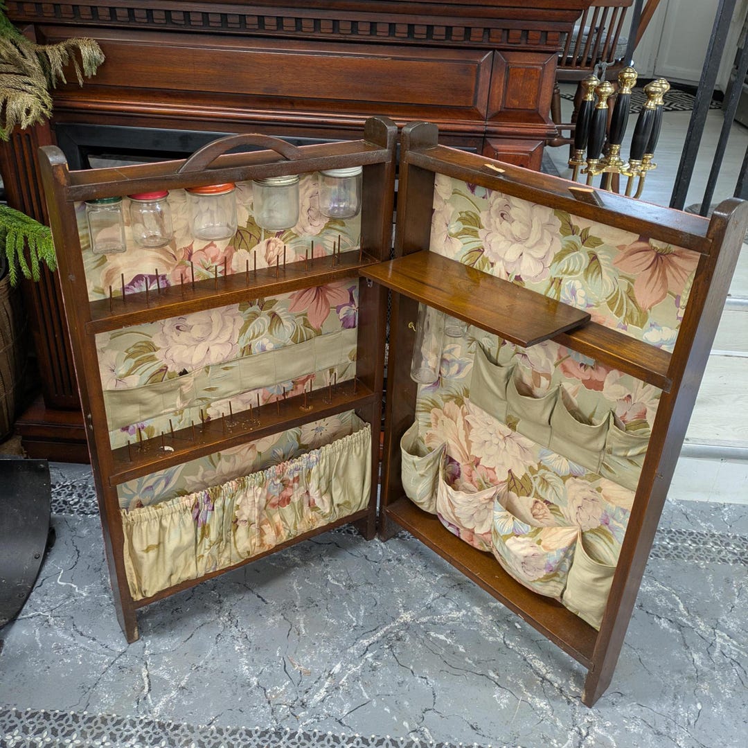 Vintage Sewing Cabinet Folding Storage Case Stand Spool Holder Vintage ...