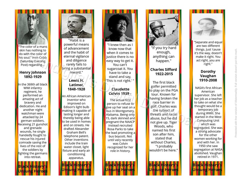 African American Bookmarks Raise Awareness Cards Unsung Heroes - Etsy