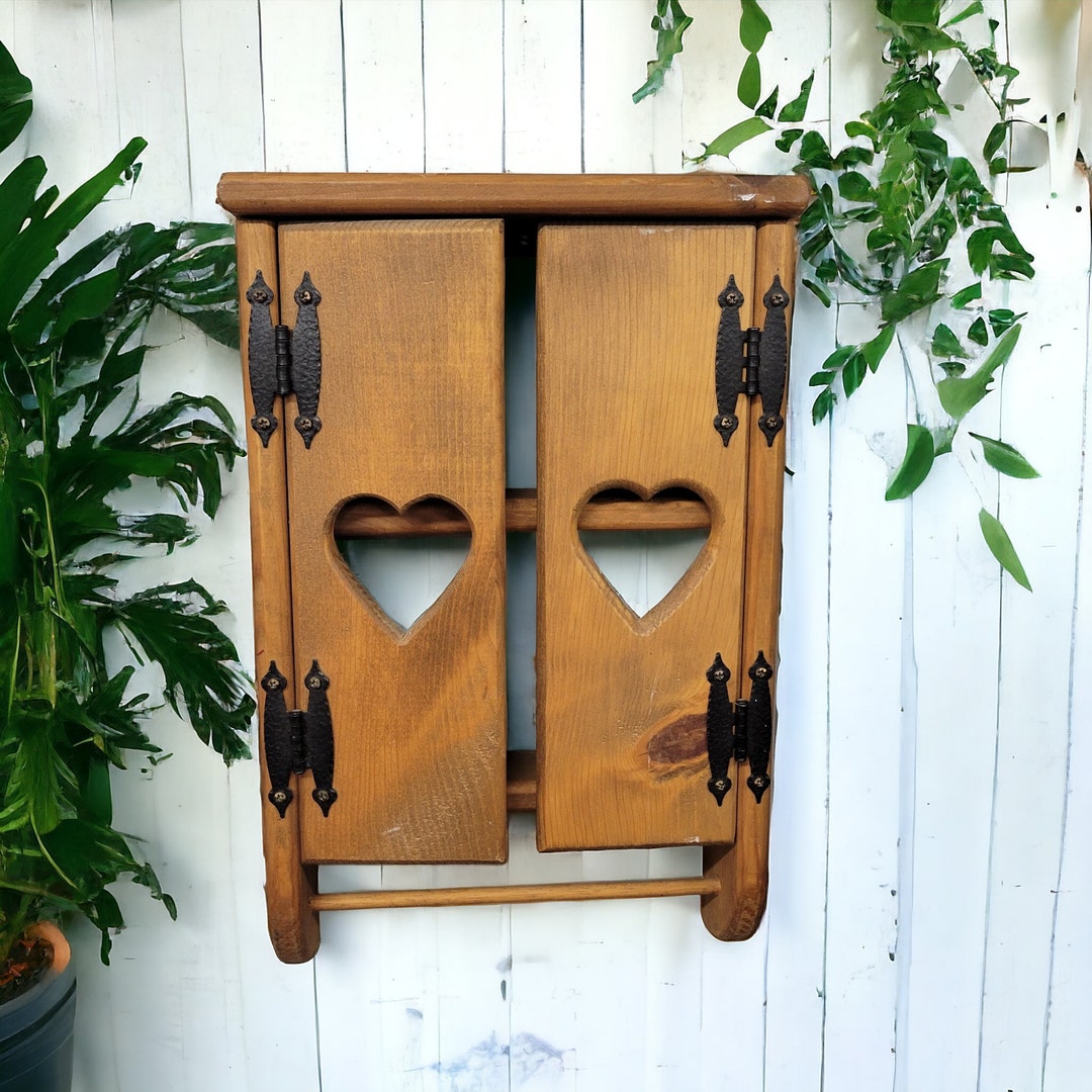 Primitive Wooden Wall Shelf Cabinet Towel Bar Holder Rack Hearts ...