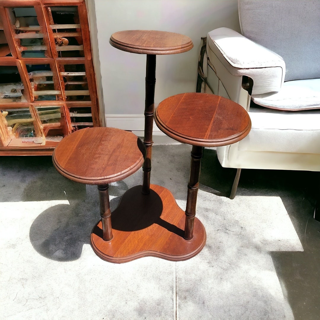 Mid Century Plant Stand Three Tier Pedestal Wooden Faux Bamboo Spindles ...